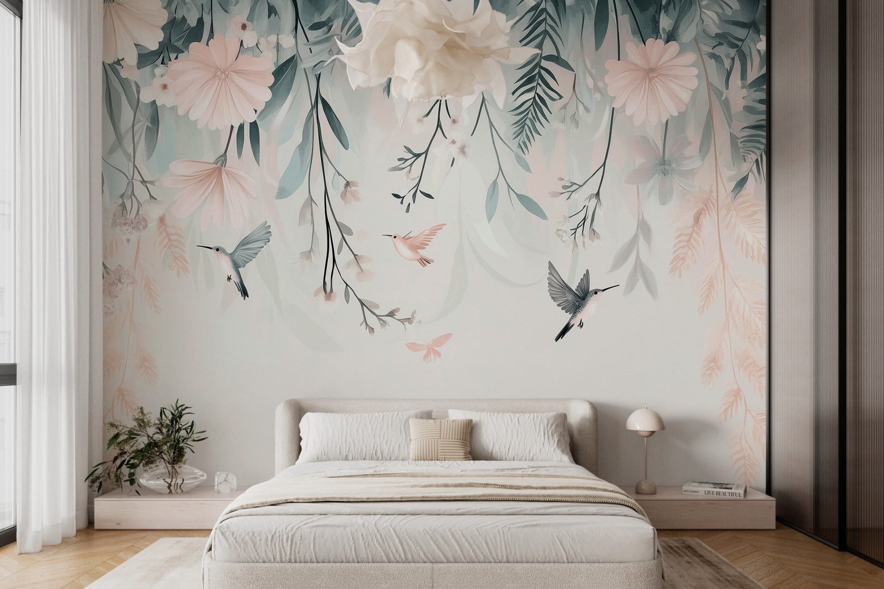 Wall murals Bird flying over flowers : w03012 - Tapeko.co.uk